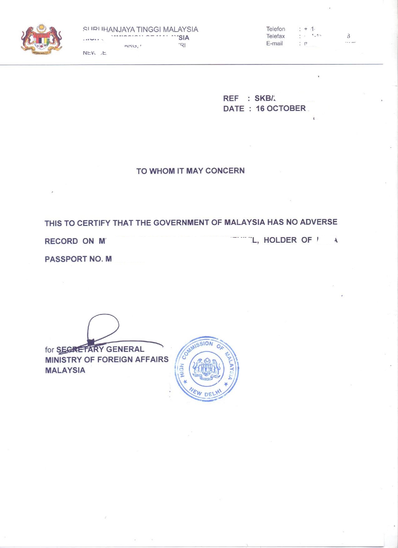 Police Clearance Certificate PCC Malaysia In India 